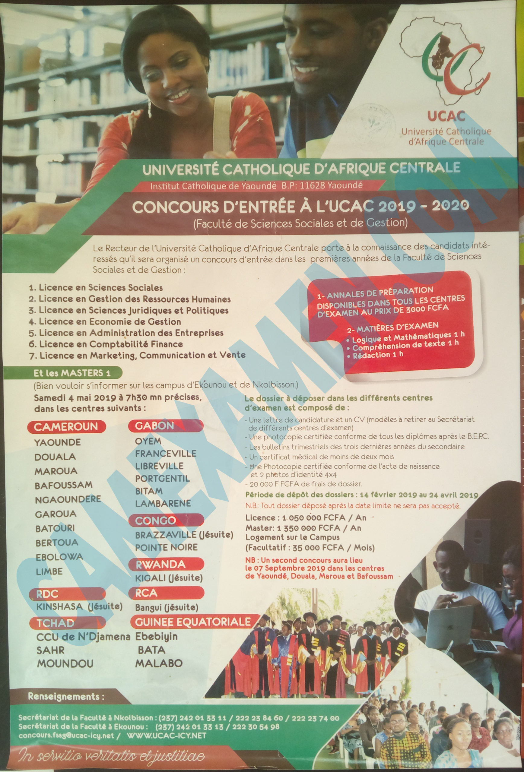 Concours d'entrée à l'UCAC 2019 - 2020