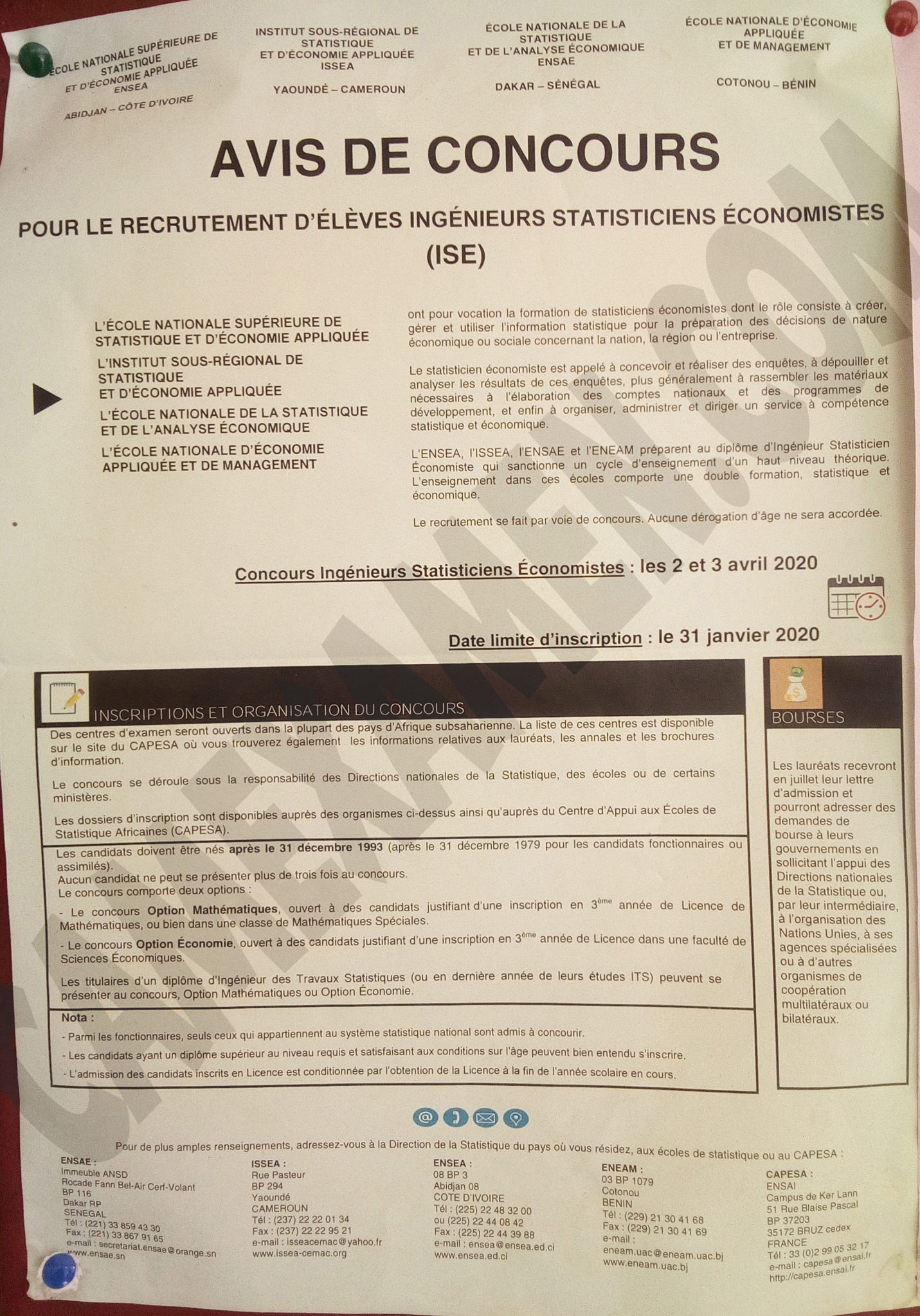 Avis de concours 2020 des Ecoles de la Statistique Abidjan Yaounde Dakar